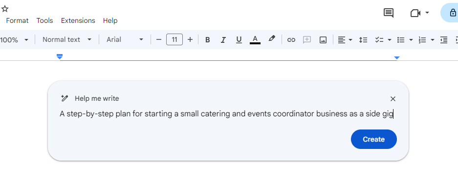 typing a prompt in the help me write panel in google docs