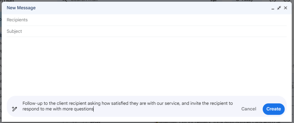 typing a prompt in the help me write pane in gmail
