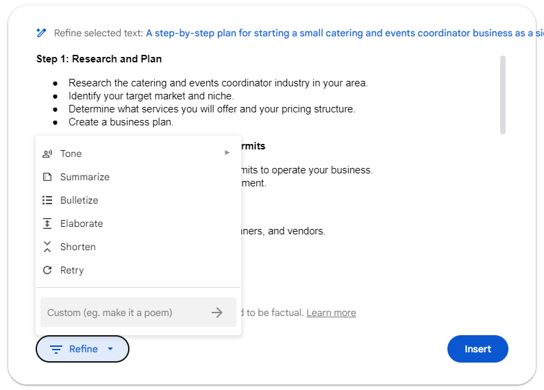 menu showing options for refining AI-generated text in google docs