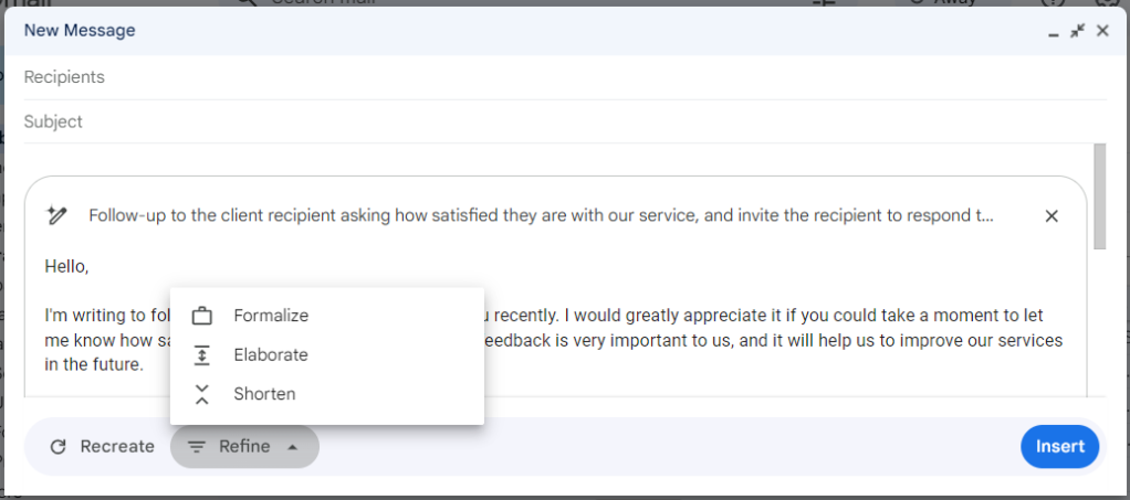 menu showing options for refining AI-generated text in gmail