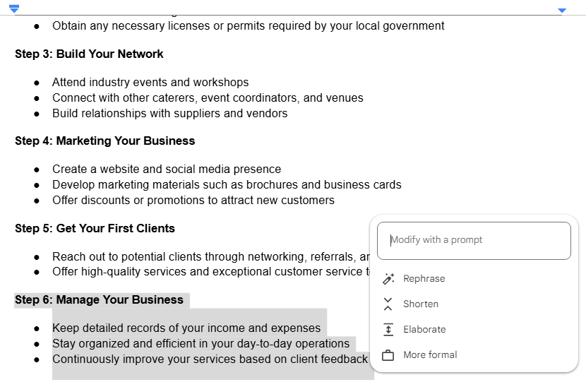 text selected in google docs with pop-up menu showing help me write rewrite options