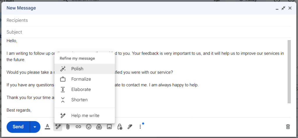 email draft in gmail with pop-up menu showing help me write rewrite options