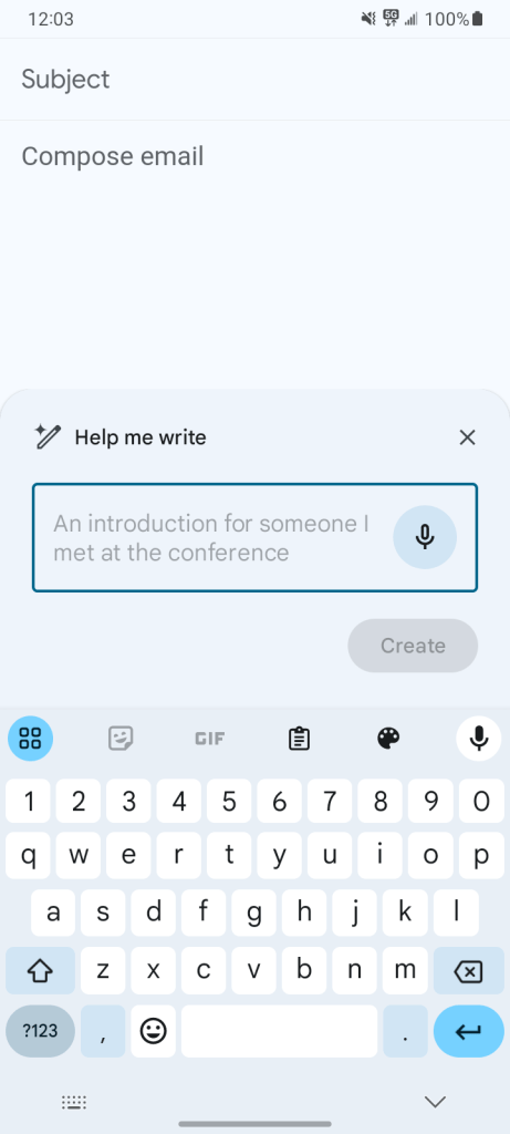 gmail mobile app showing help me write panel with suggested prompt