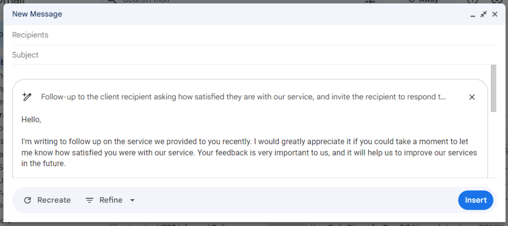 gmail draft with boring lifeless text generated by help me write